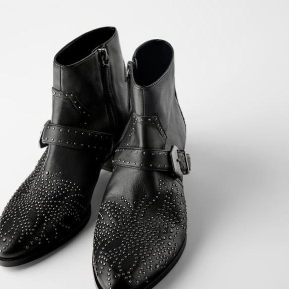 Zara | Shoes | Zara Cowboy Heel Leather Ankle Micro Stud Boots | Poshmark